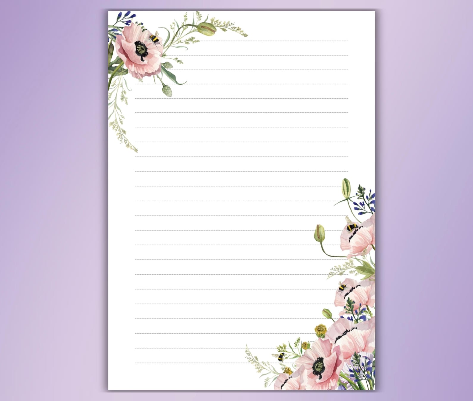 Poppies Printable Stationery-flower Writing Paper Set Unlined Lined A5 ...