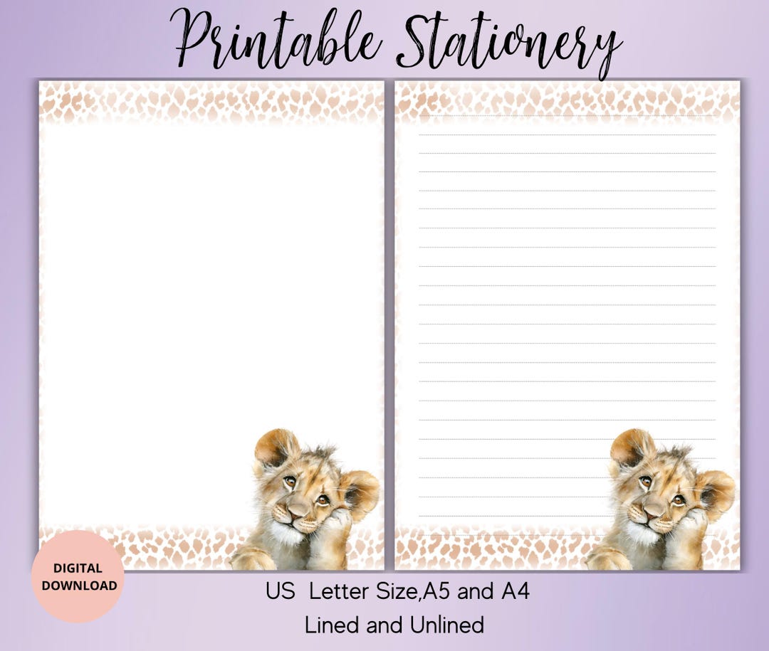 Lion Printable Stationery-african Animal Writing Paper Set Lined ...