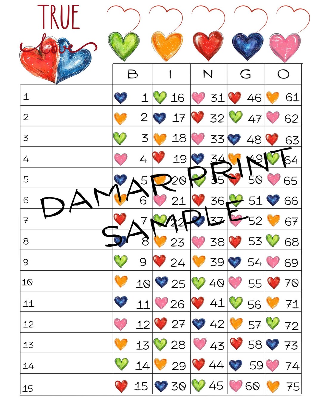 Hearts Printable Bingo Boards 1-15 Lines-instant Download-valentine's ...