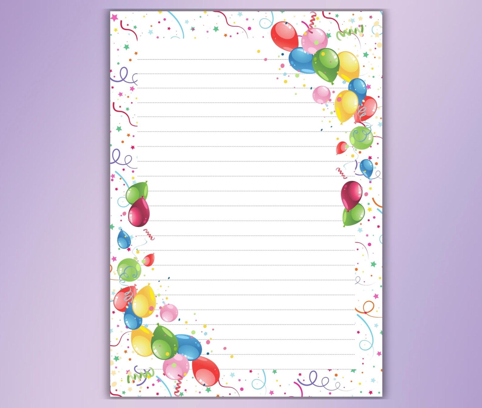 Colorful Balloons Printable Stationary-birthday Writing Paper Unlined ...