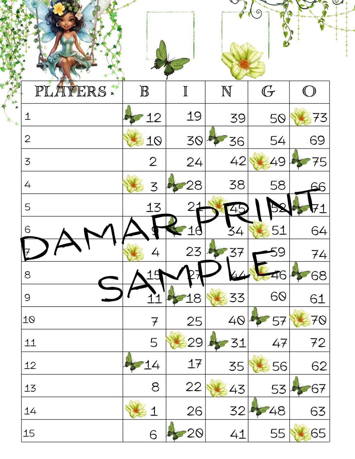 Fairy Bingo Boards - Instant Download -printable Bingo Boards - 1-15 ...