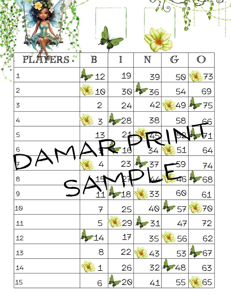 Fairy Bingo Boards - Instant Download -printable Bingo Boards - 1-15 ...