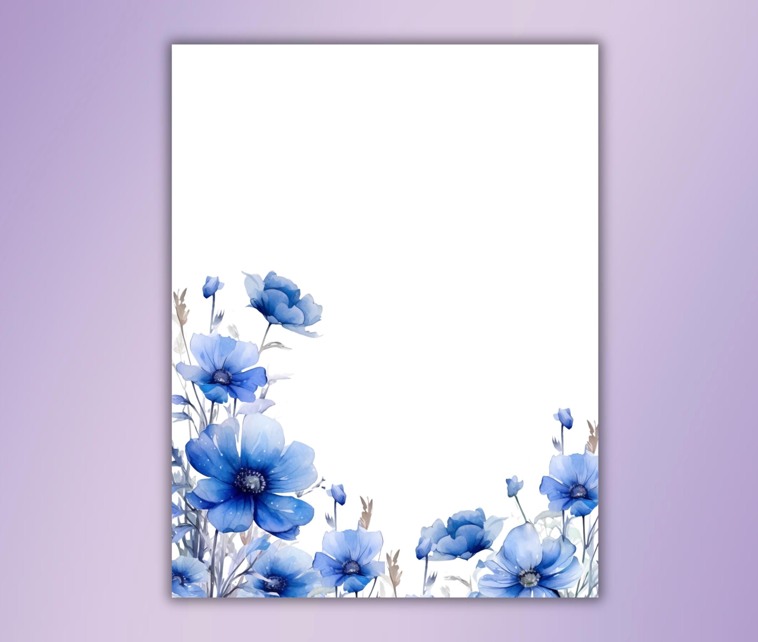 Blue Flower Printable Stationery-watercolor Flower Stationary-digital ...