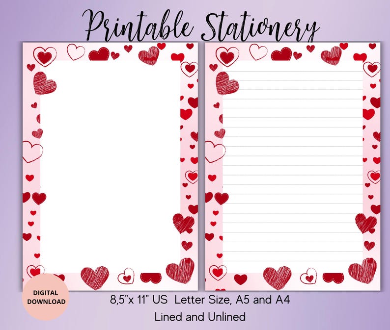 Hearts Printable Stationery-valentine's Day Printable Writing Paper ...
