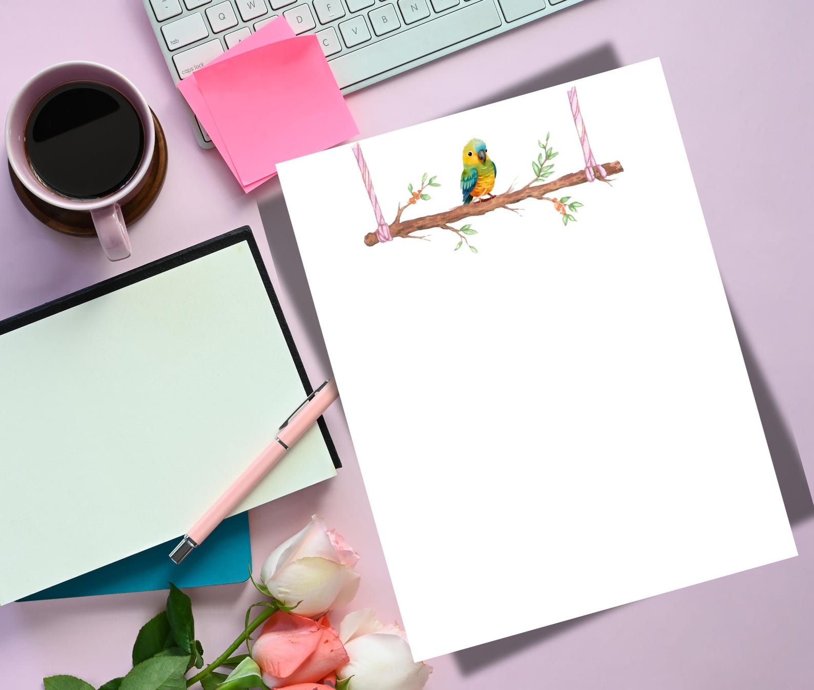 Parrot Printable Stationery-birds Stationary-watercolor Birds Writing ...