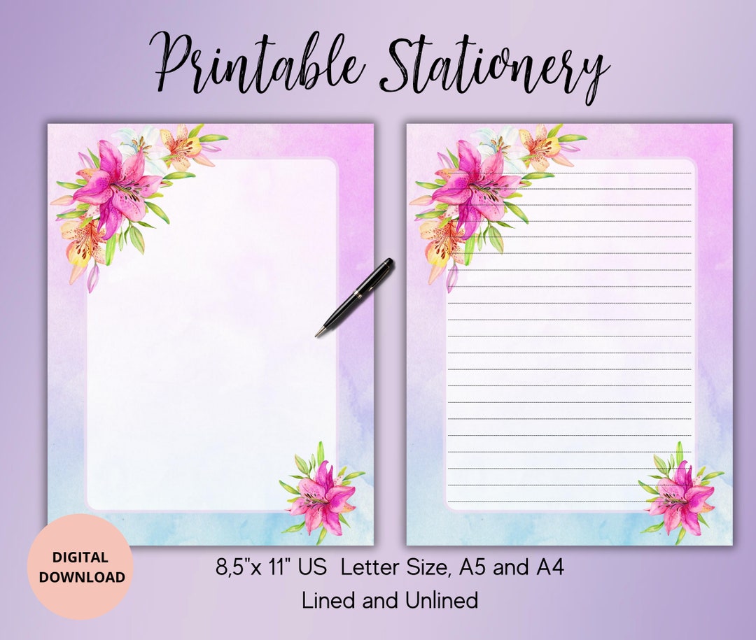 Watercolor Lily Flowers Printable Stationery,flower Floral Writing ...