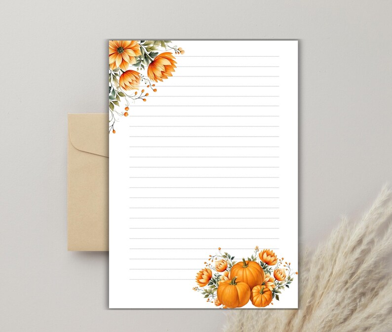 Pumpkin With Flowers Stationery,autumn Printable Stationary,pen Pal ...