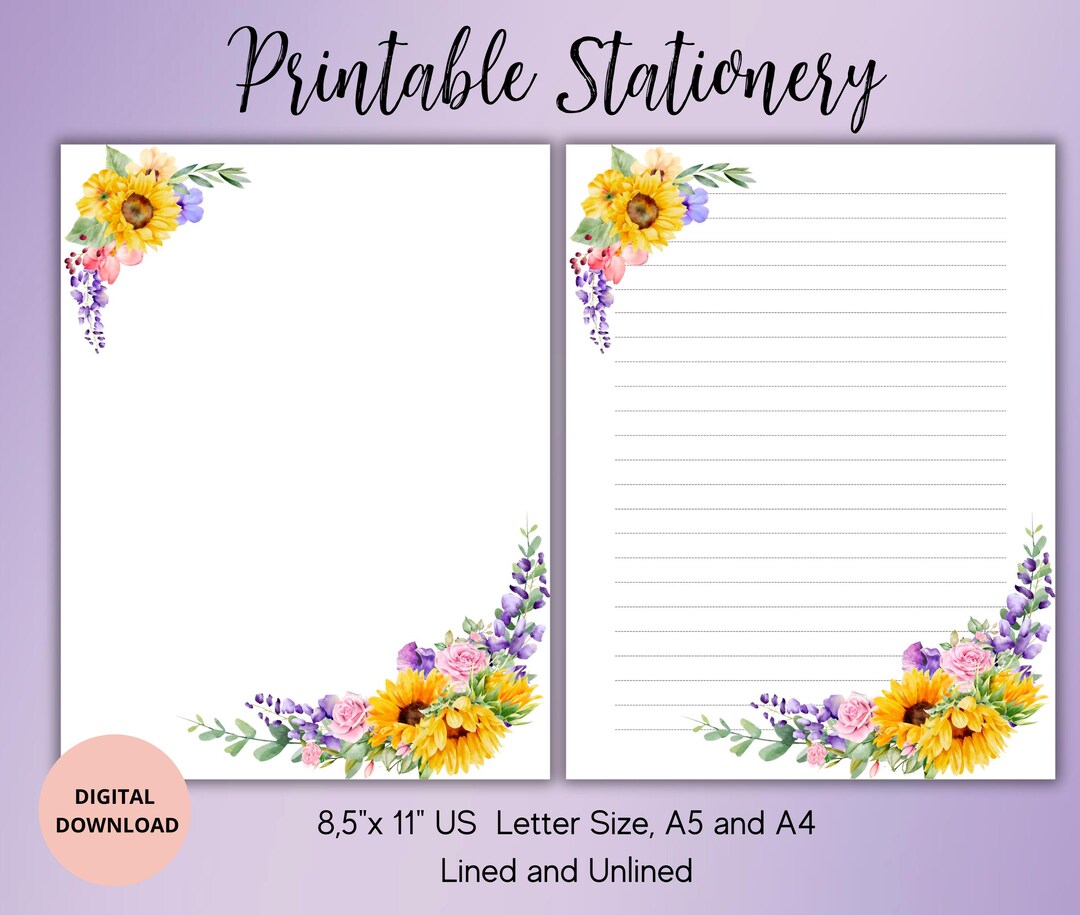 Sunflower Printable Stationery-summer Flower Writing Paper Set Unlined ...