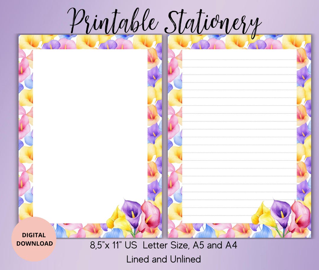 Colorful Calla Lily Printable Stationery-flower Writing Paper Unlined ...