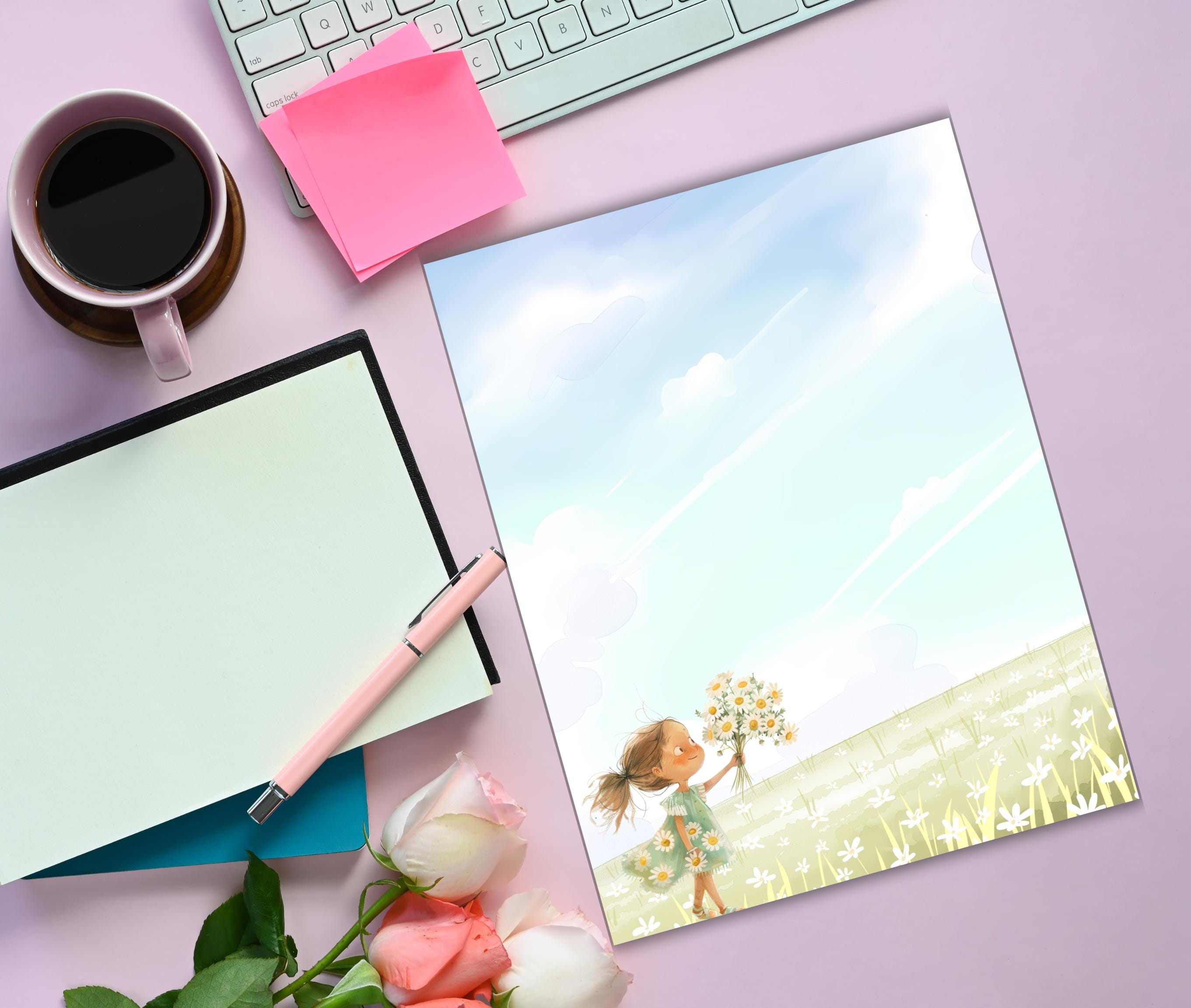Girl With Daisy Printable Stationery-watercolor Summer Writing Paper ...