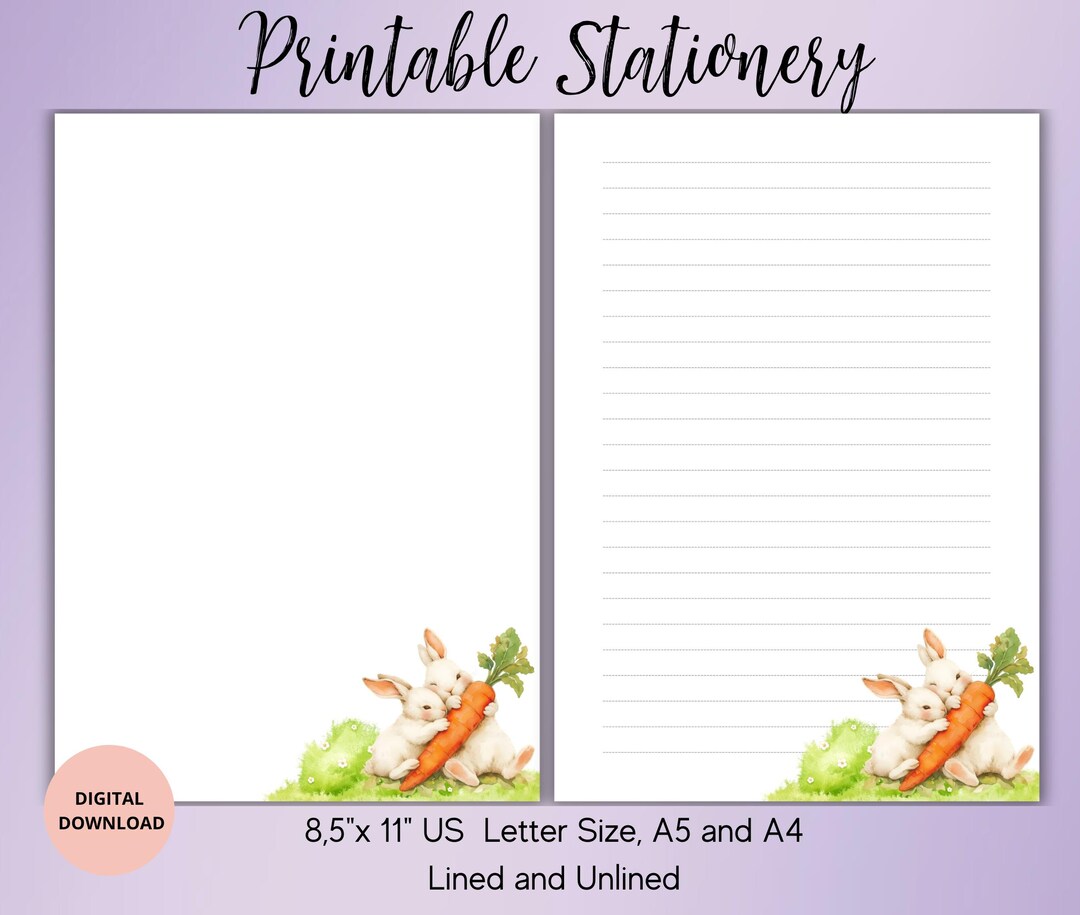 Cute Rabbits Printable Stationery- Animal Writing Paper Set Unlined ...