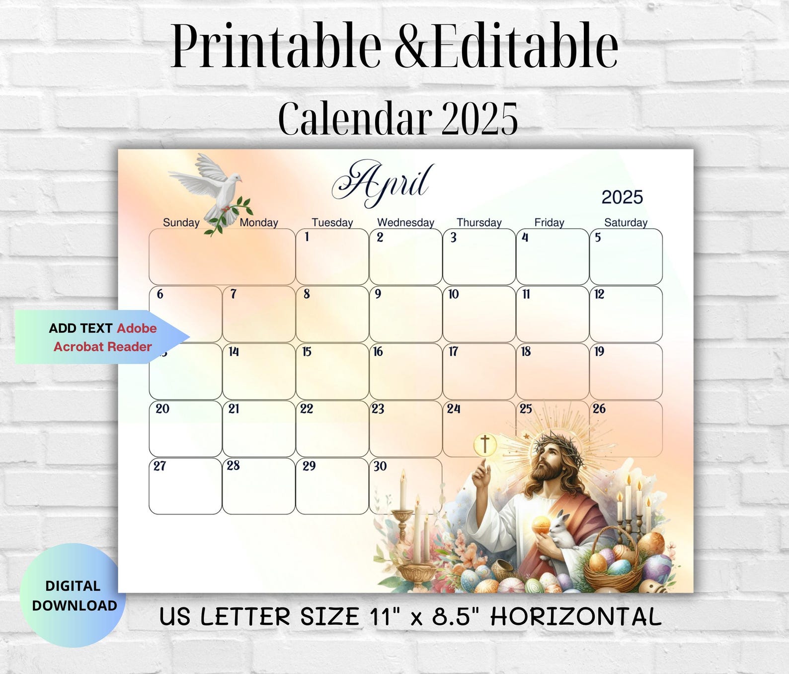Christian Easter Editable Calnendar-april 2025 Fillable Monthly Planner ...