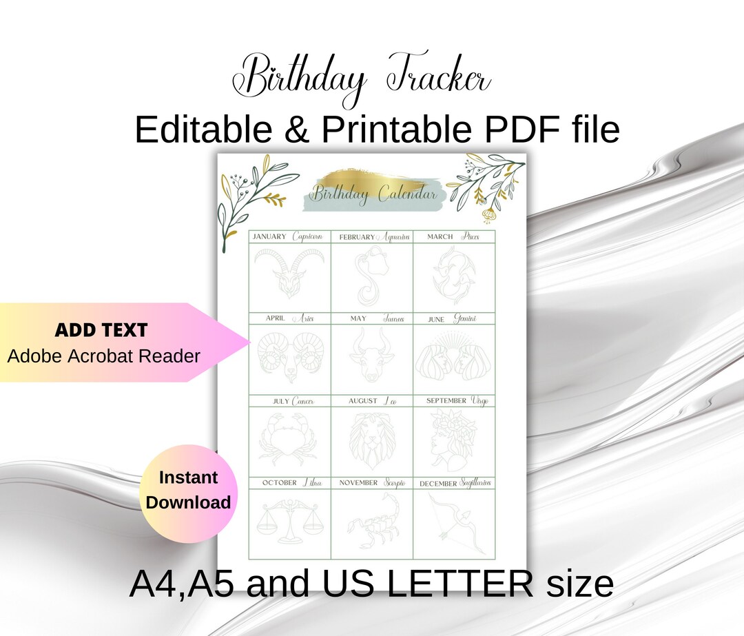 Editable,printable Birthday Tracker,birth Month Horoscope Calendar ...