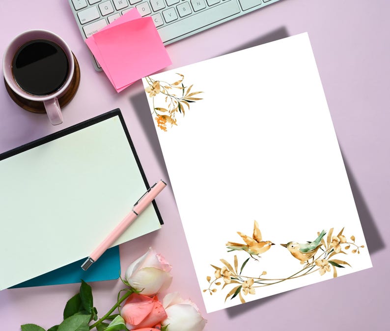 Bird Stationary,floral Stationery,watercolor Flower Writing Letter ...