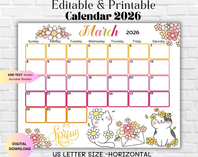 Editable March 2026 Calendar | Monthly Planner Printable PDF | School ...