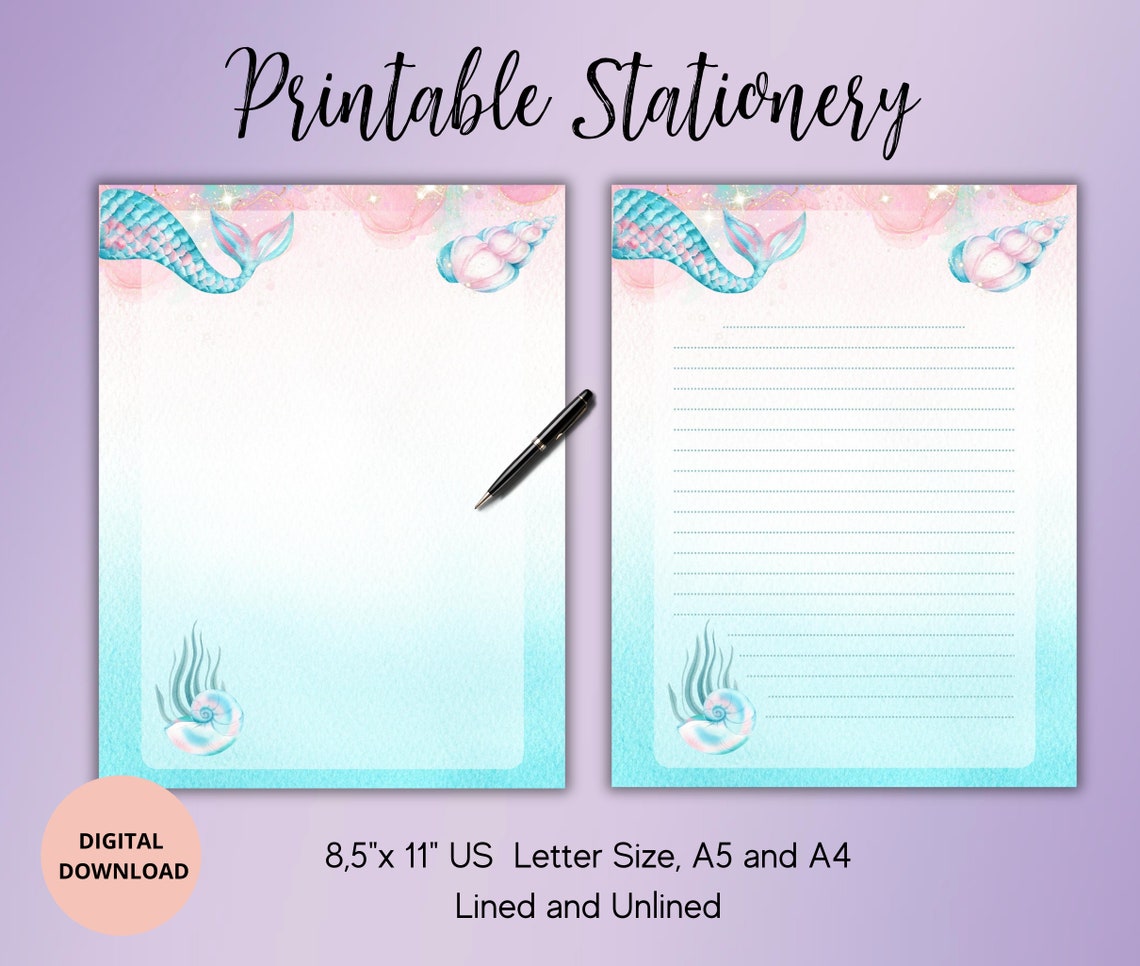 Printable Mermaid Letter Writing Paper Set,mermaid Stationery,marine ...