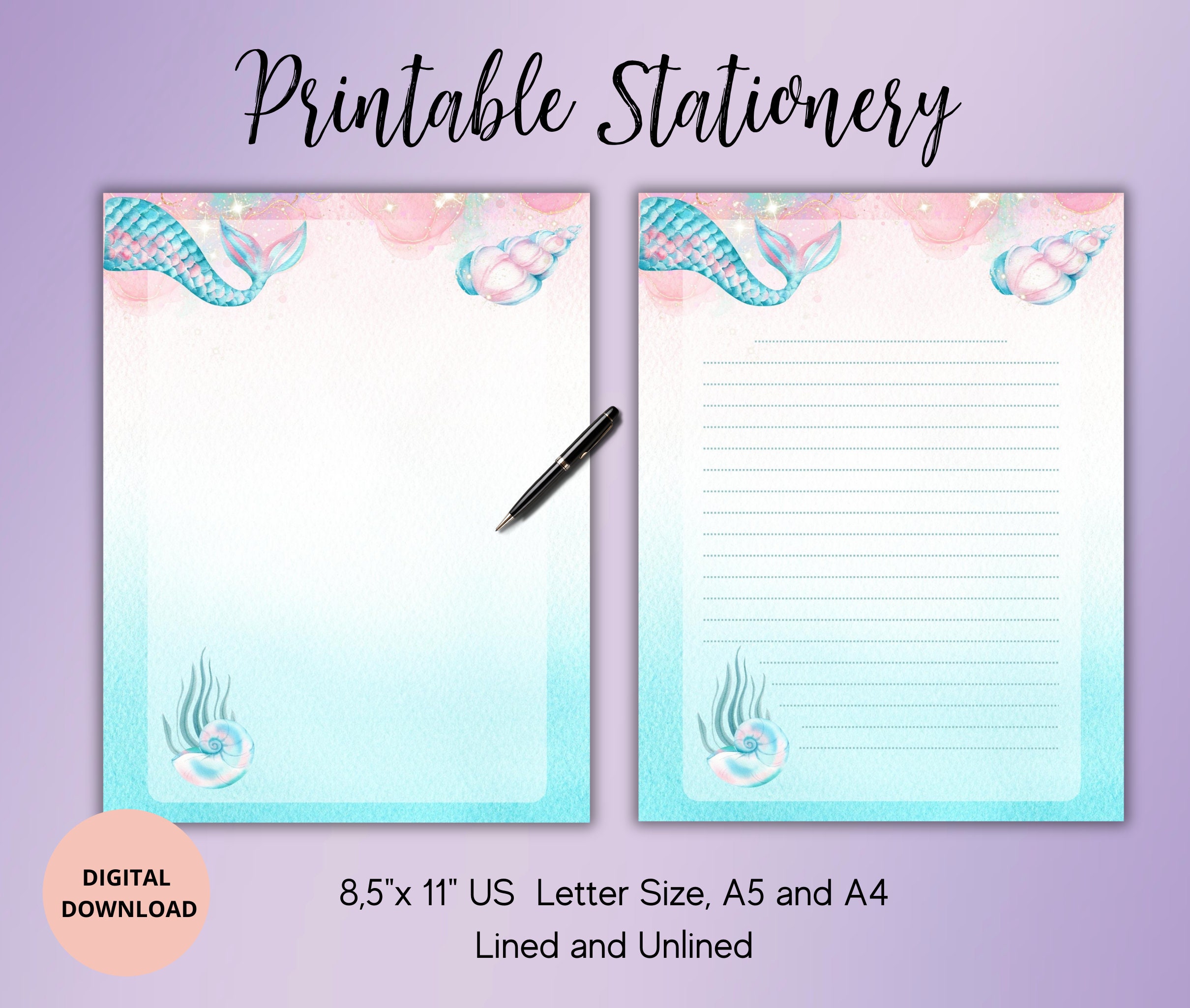 Printable Mermaid Letter Writing Paper Set,mermaid Stationery,marine ...
