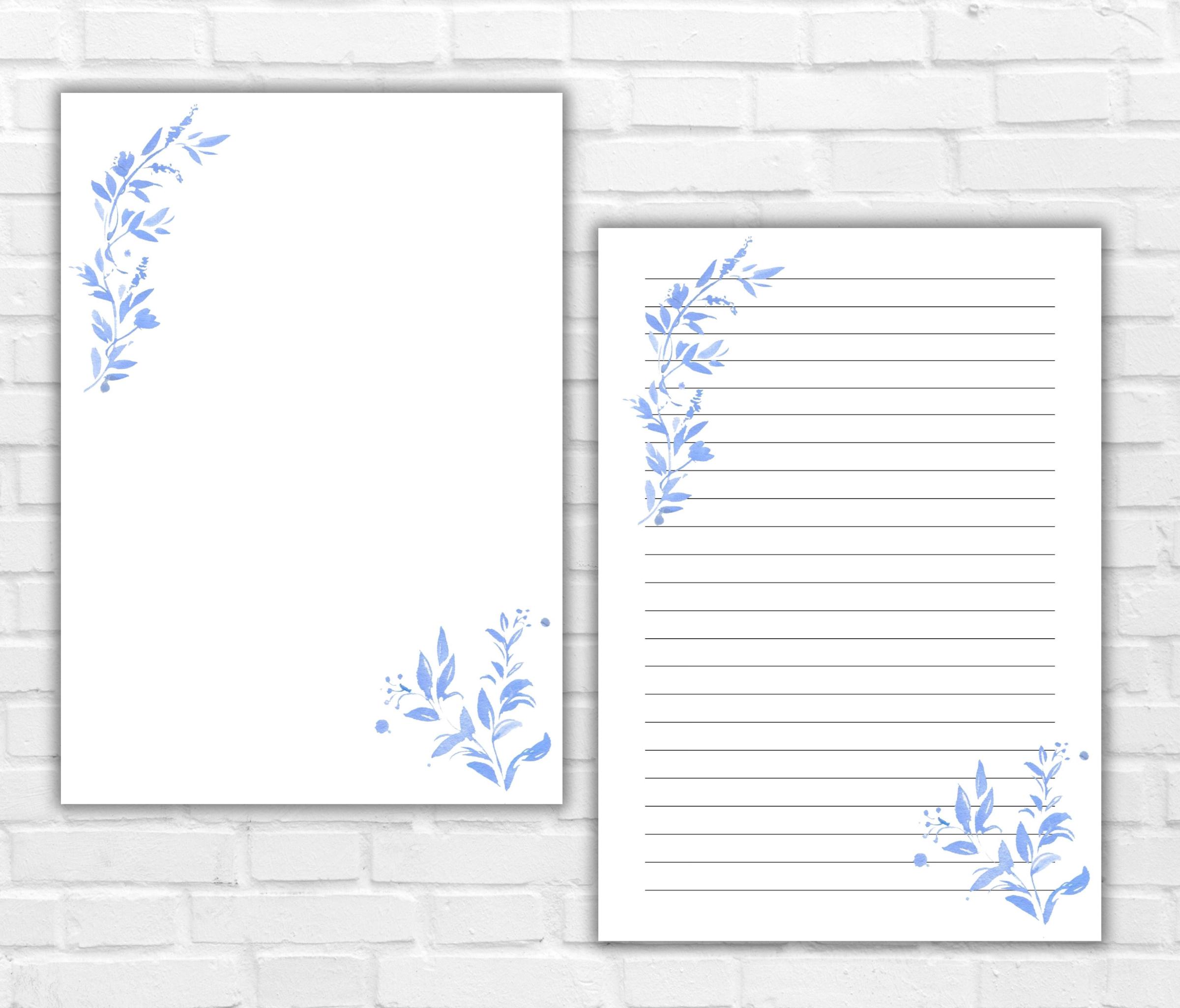 Flower Printable Writing Paper Bundle-blue Floral Stationary ...