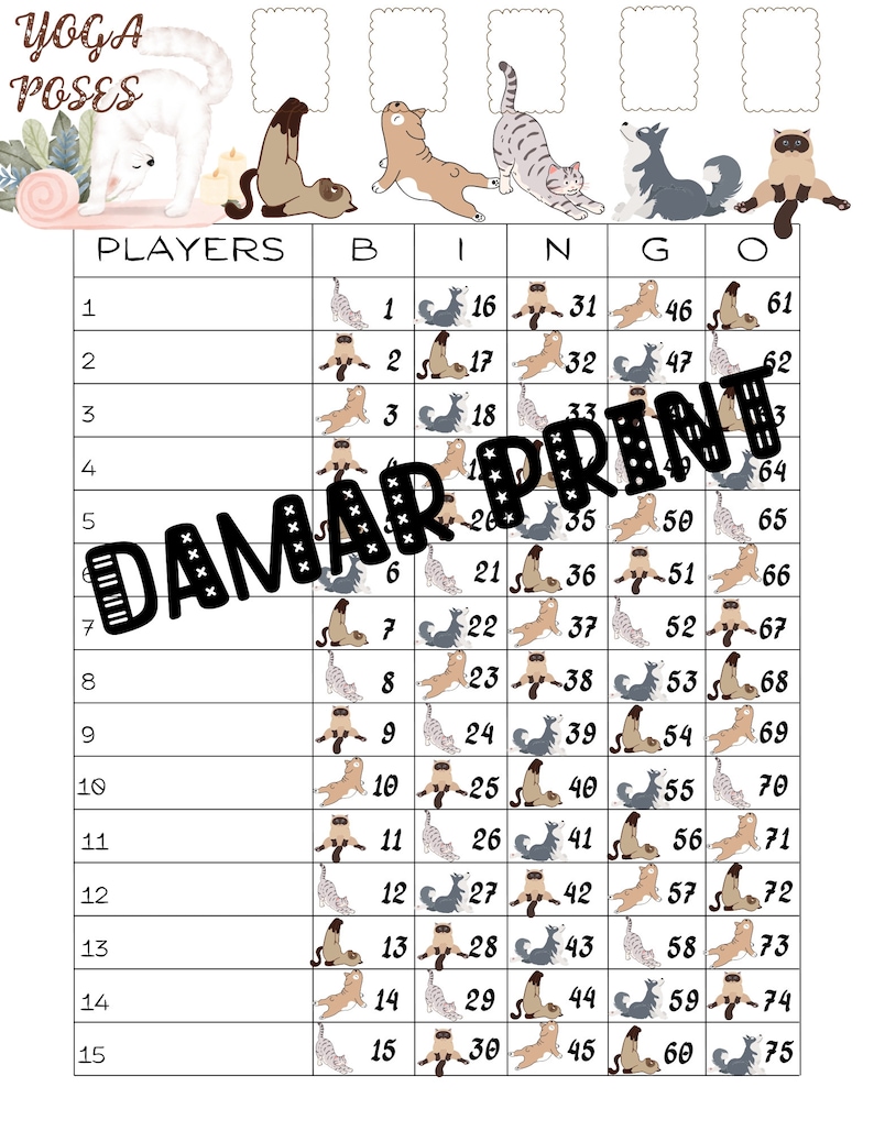 Animal Yoga Bingo Boards-bingo Boards 1-15 Lines -kids Yoga - Straight ...
