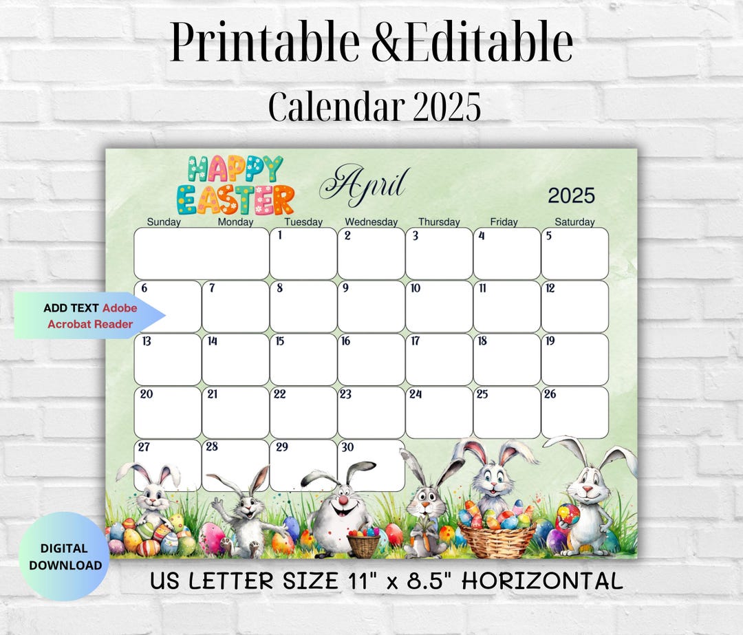 April 2025 Editable Printable Calendar-april Calendar-cute Bunny ...