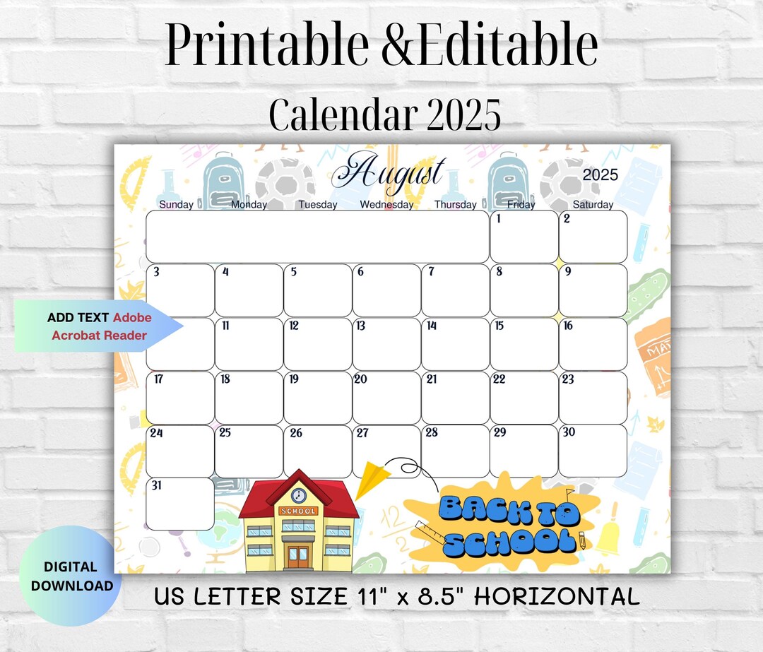 EDITABLE August 2025 Calendar-back to School Printable Fillable Monthly ...