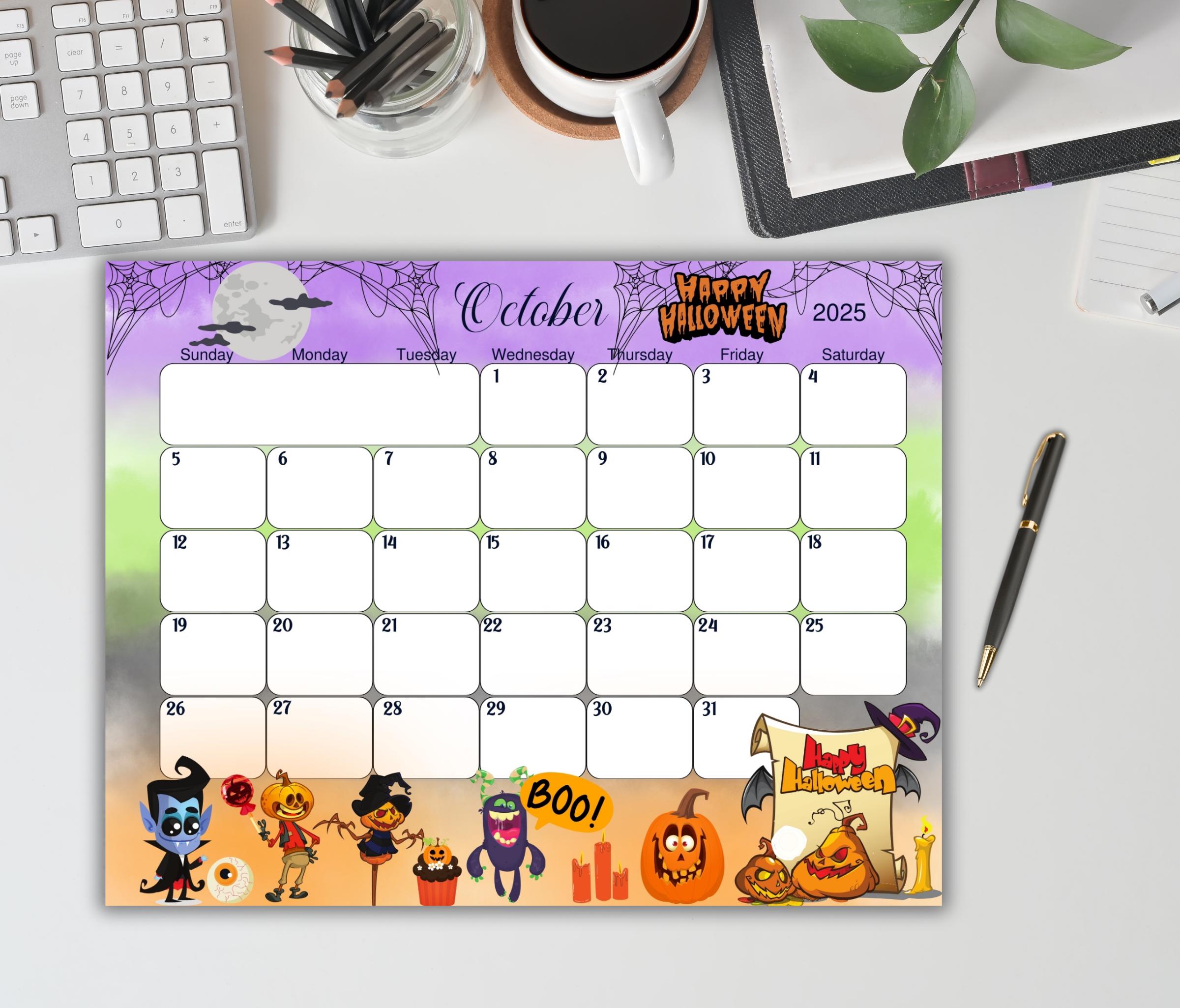 EDITABLE October 2025 Calendar-cute Spooky Halloween 2025 Planner ...