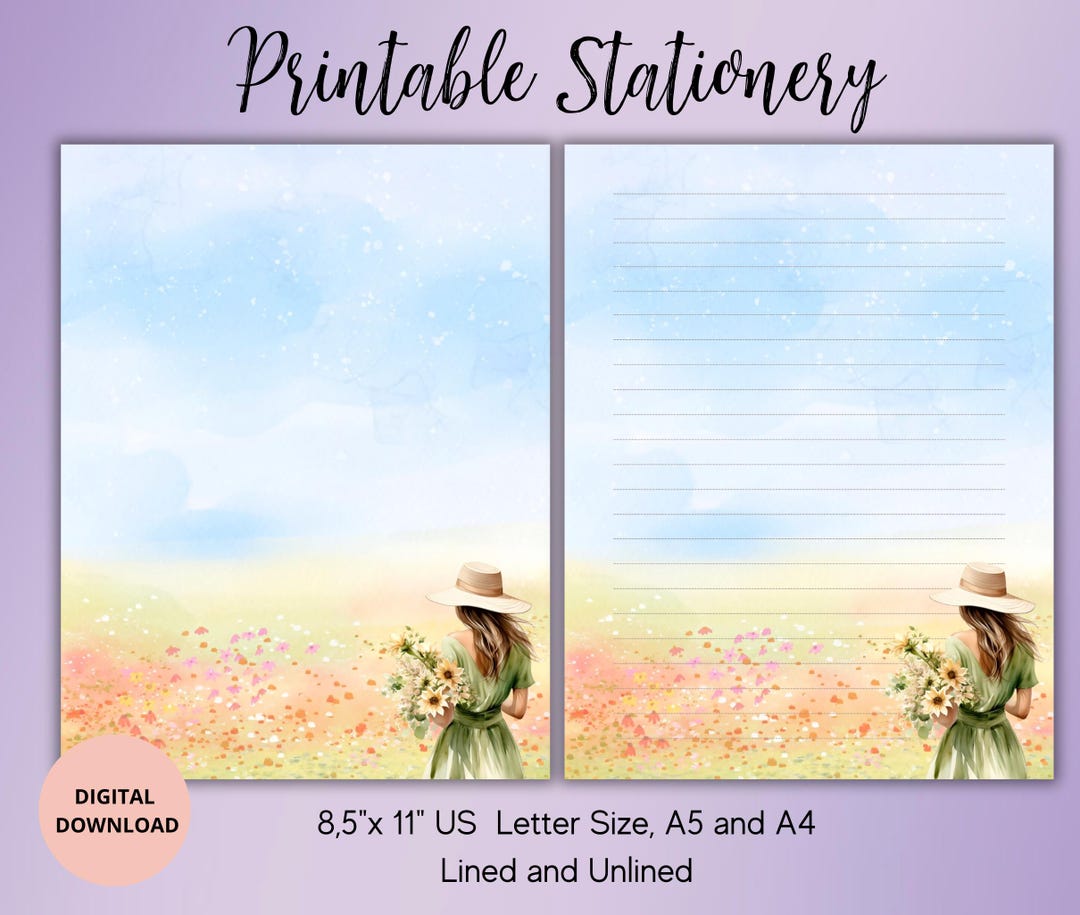 Girl With Flower Printable Stationery-watercolor Summer Writing Paper ...