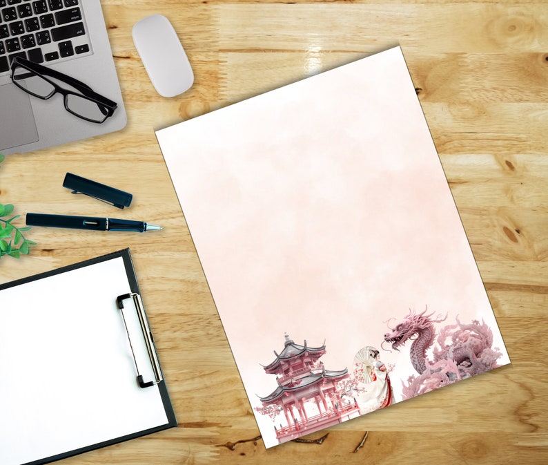 Geisha With Dragon Printable Stationery Sets- Digital Letter-floral ...