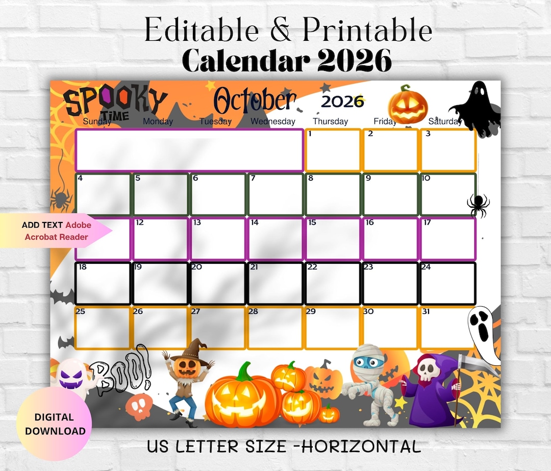 EDITABLE October 2026 Calendar-cute Spooky Halloween 2026 Planner ...
