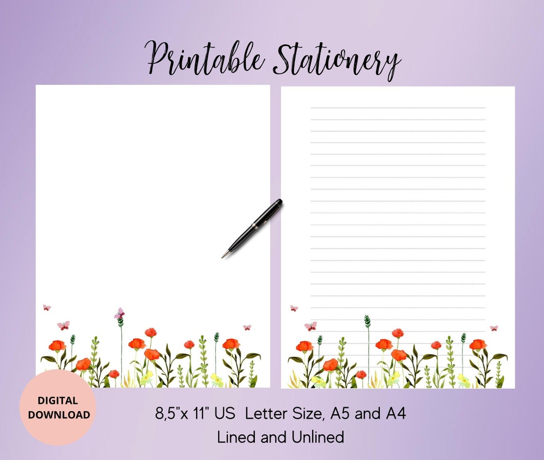 Poppies Writing Set/flower Printable Stationery/poppy Writing Paper ...