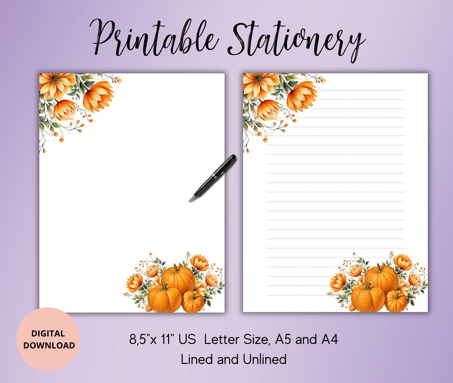 Pumpkin With Flowers Stationery,autumn Printable Stationary,pen Pal ...