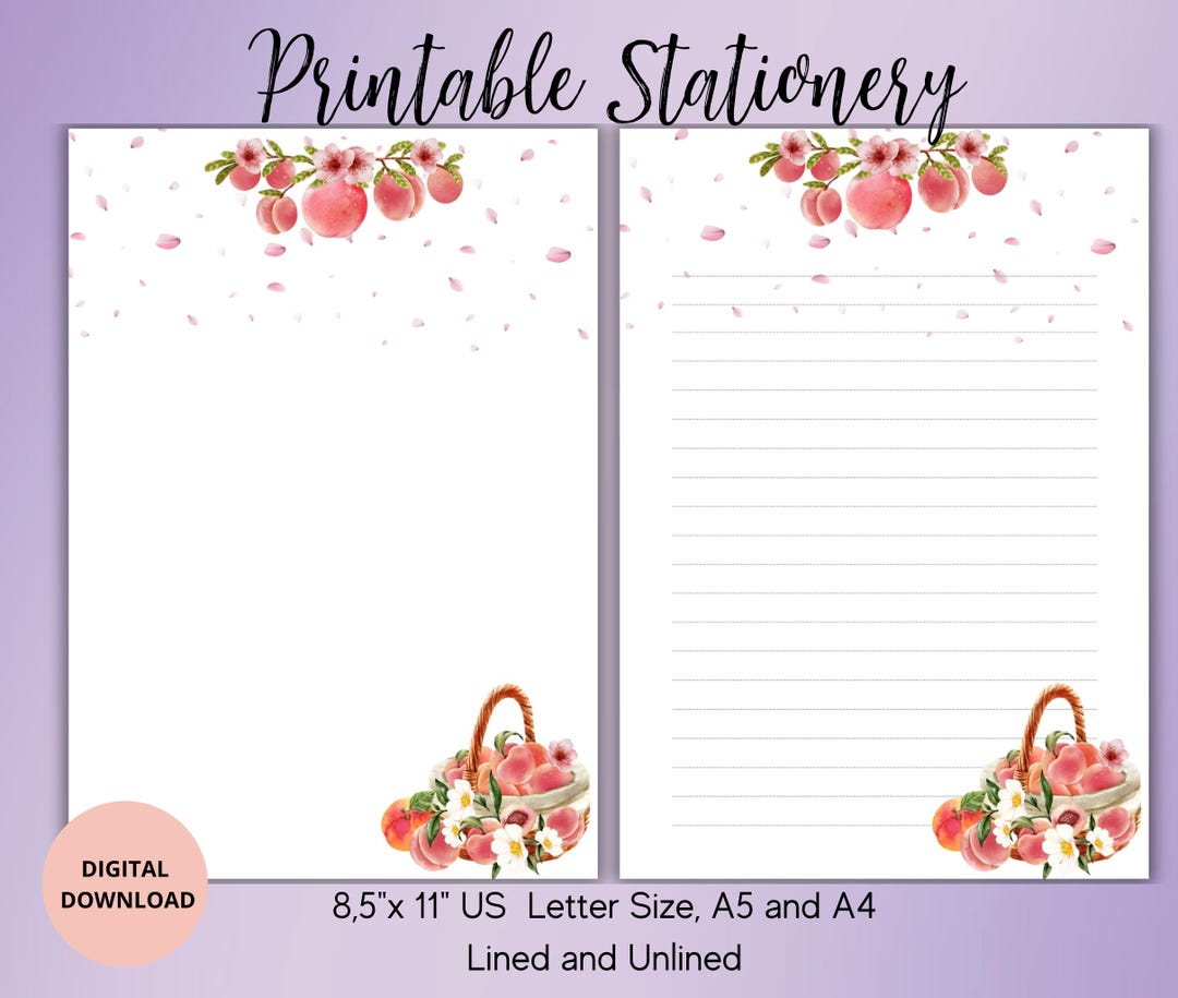 Peach Fruit Printable Stationery-fruit Writing Paper Set Unlined Lined ...