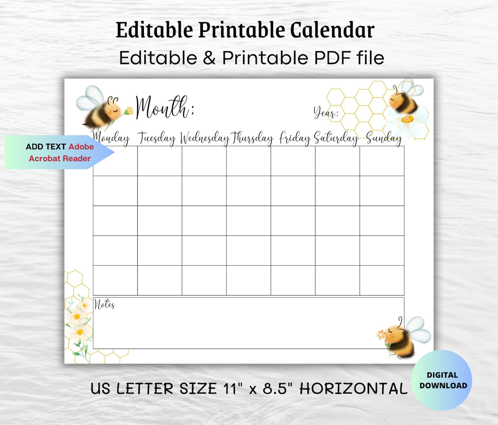 Monthly Planner-editable Printable Monthly Calendar-landscape Monthly ...