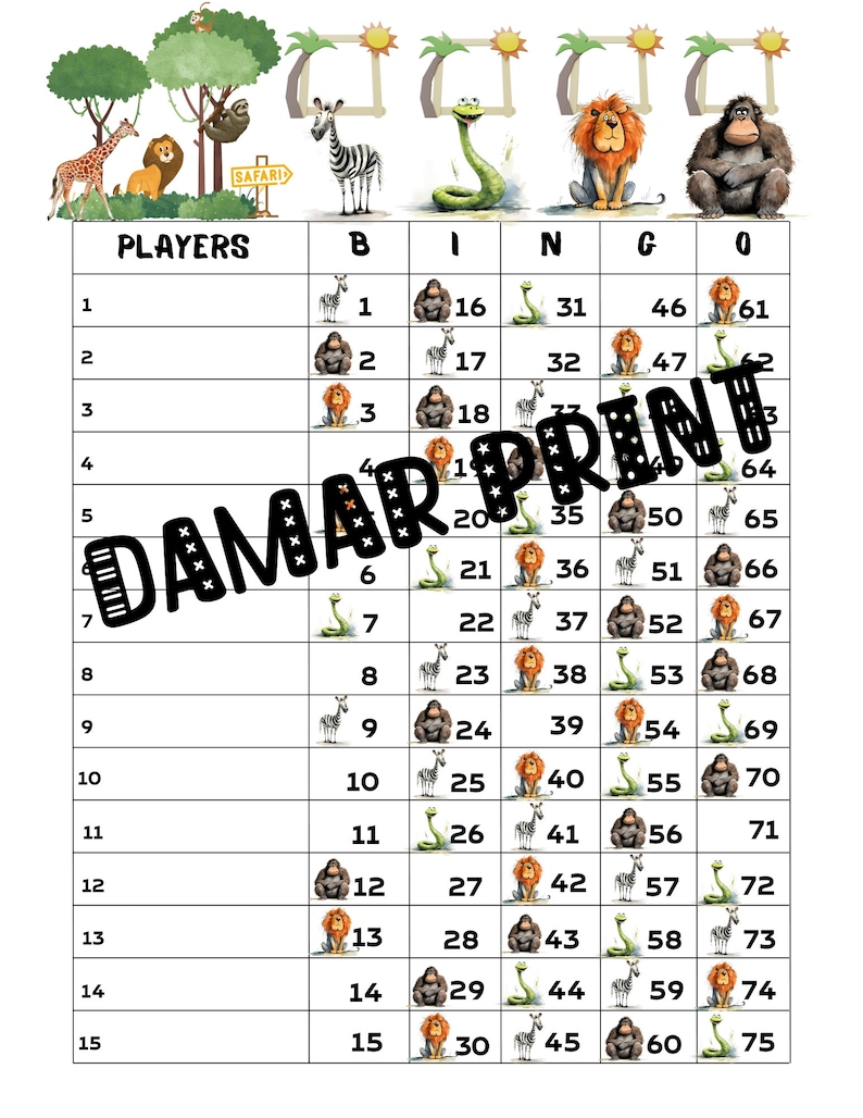 Safari Animal Bingo Boards- Printable-bingo Boards 1-15 Lines -school ...