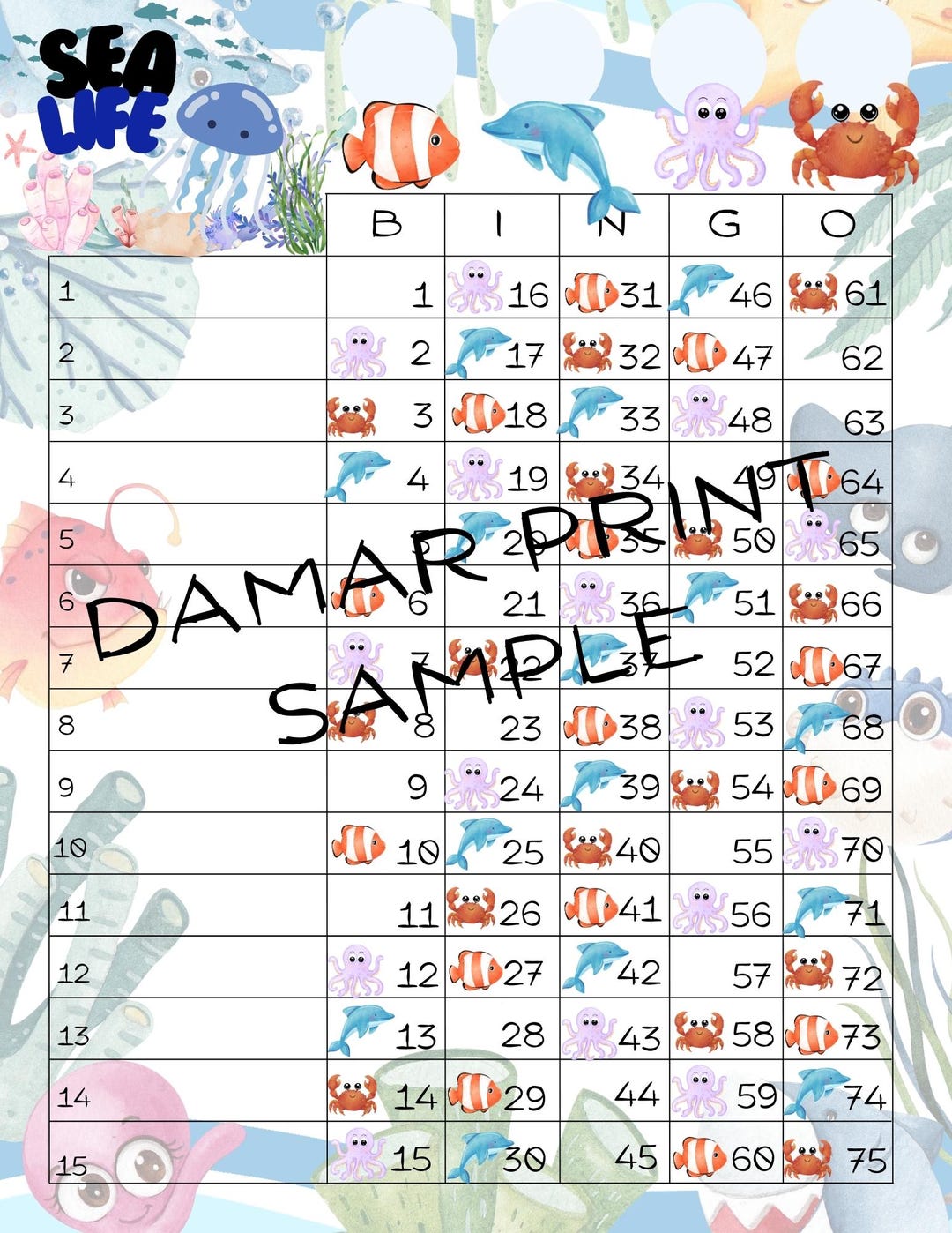 Sea Life Bingo Boards - Instant Download -15 Lines -fish Printable ...