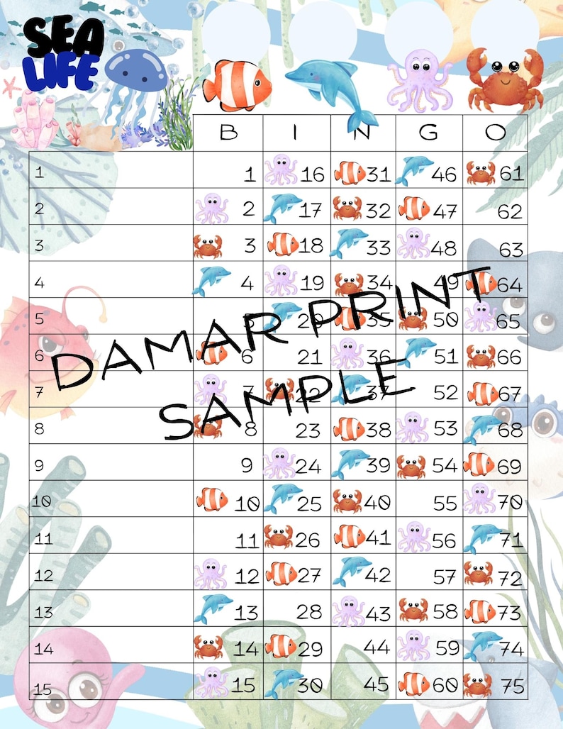 Sea Life Bingo Boards - Instant Download -15 Lines -fish Printable ...