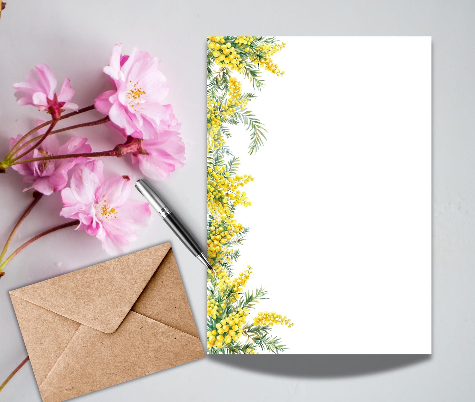 Mimosa Printable Stationery-spring Flower Writing Paper Set Unlined ...