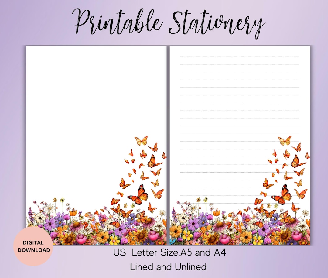 Flower and Butterflies Printable Stationery-flowers Writing Paper Lined ...