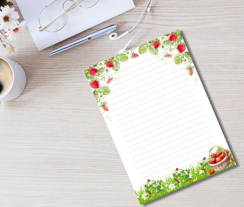 Strawberry Printable Stationery-flower Pen Pal Supplies-summer Writing ...
