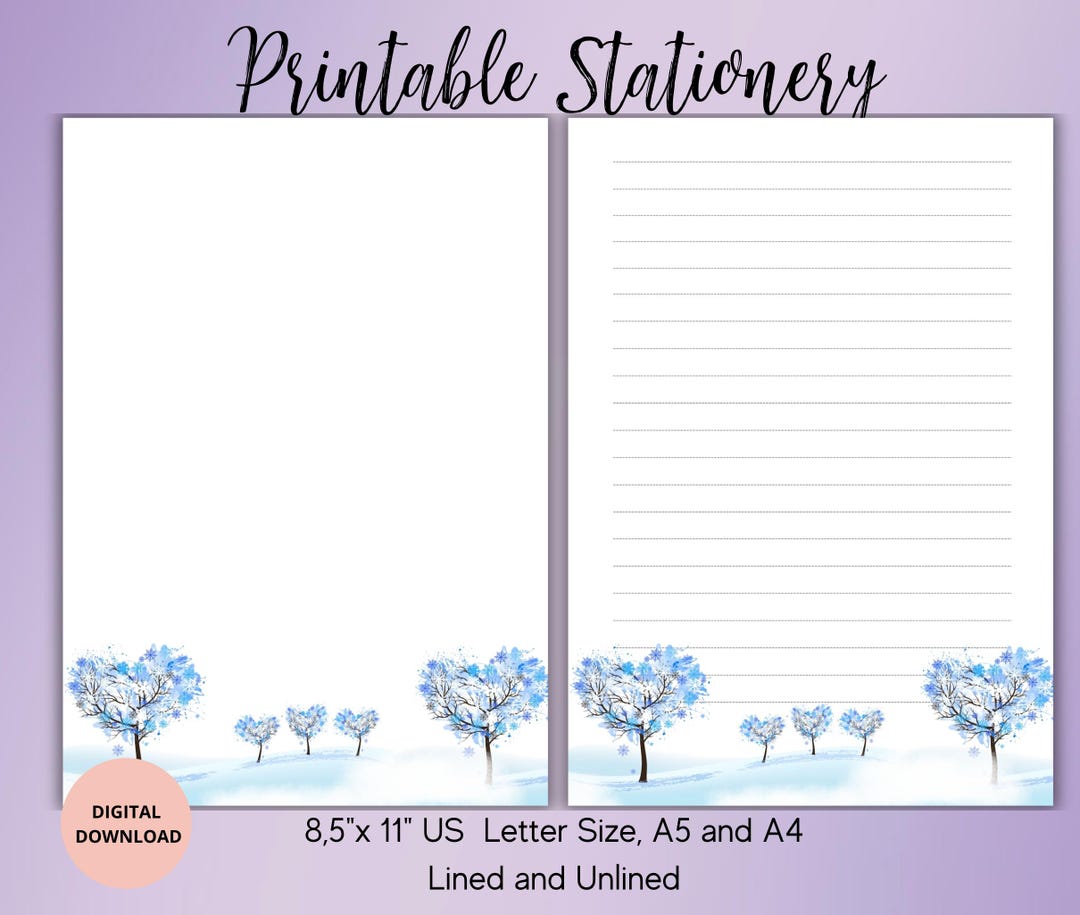 Winter Trees Printable Stationery Set-winter Scene Writing Paper Lined ...