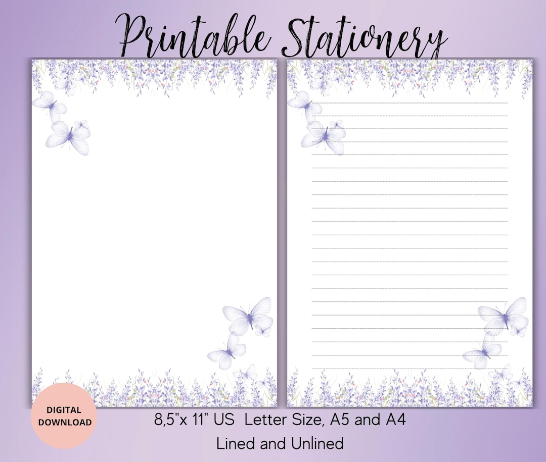 Purple Flower With Butterflies Printable Stationery-flower Writing ...