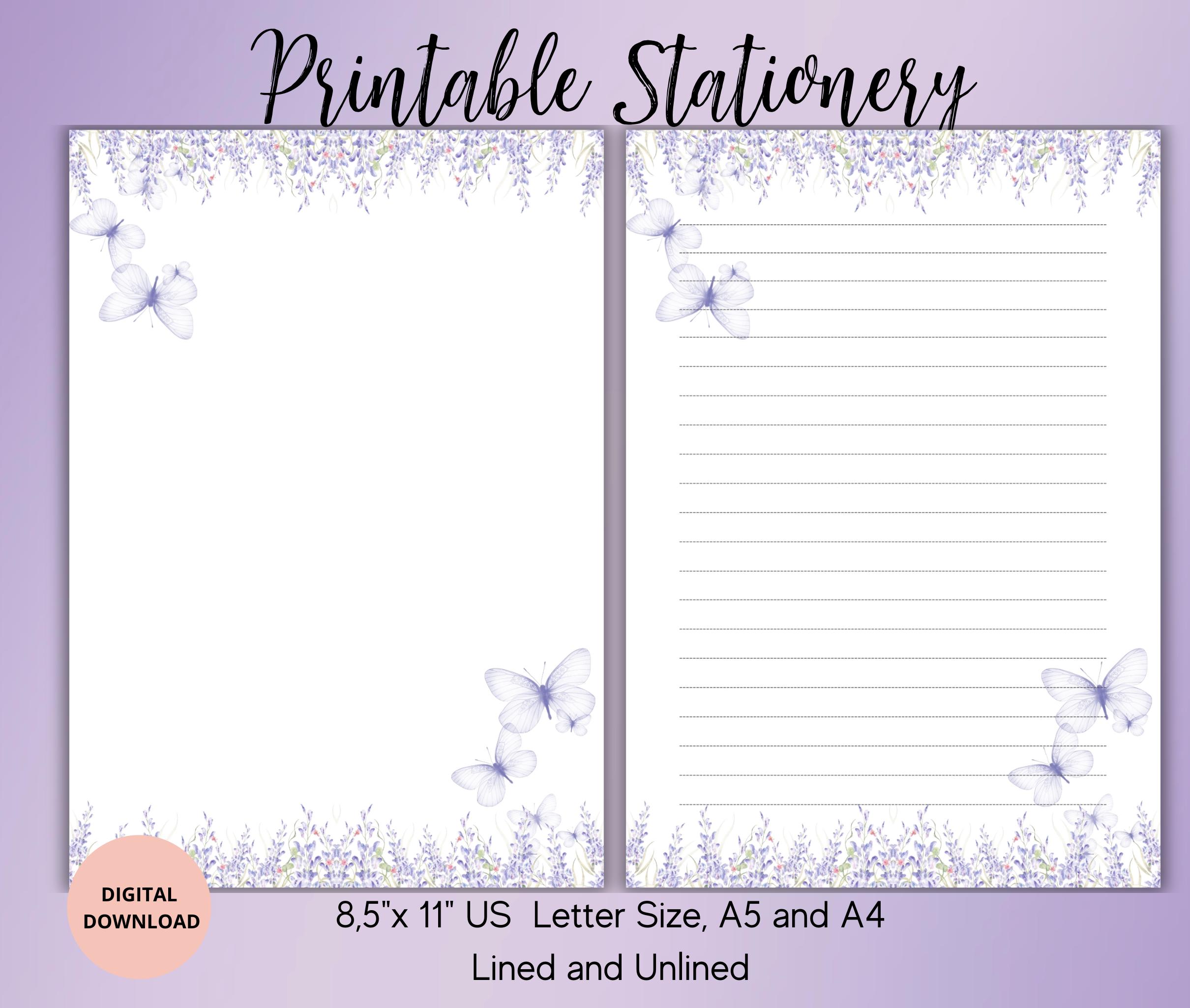 Purple Flower With Butterflies Printable Stationery-flower Writing ...