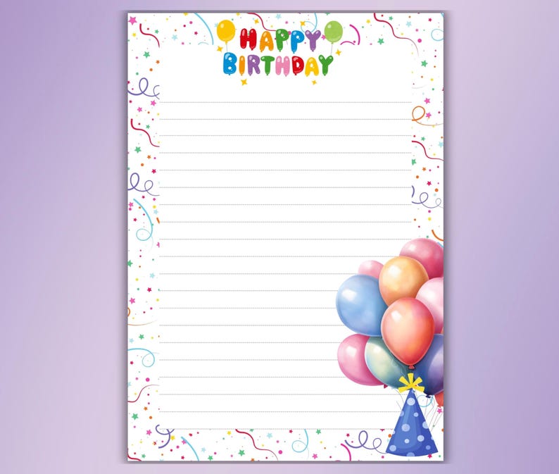 Happy Birthday Printable Stationery-birthday Writing Paper Unlined ...