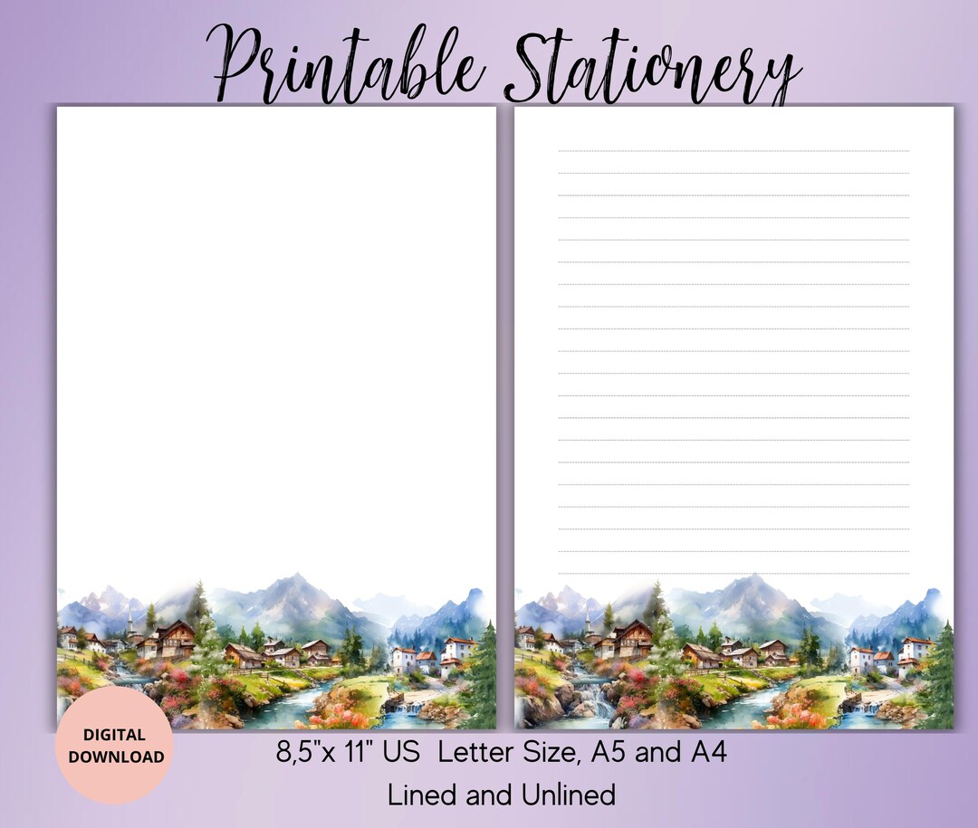 Watercolor Mountain Village Landscape Digital Stationary-alps Landscape ...