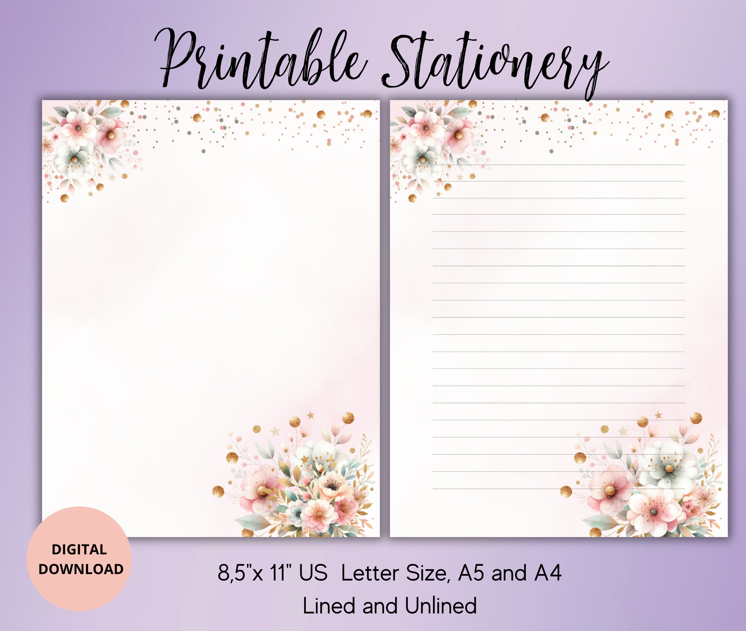 Watercolor Pink Flower Printable Sataionery-flower Stationary- Writing ...