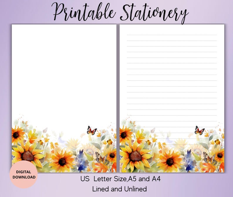 Sunflower Printable Stationery-flower Writing Paper Lined Unlined A5/A4 ...