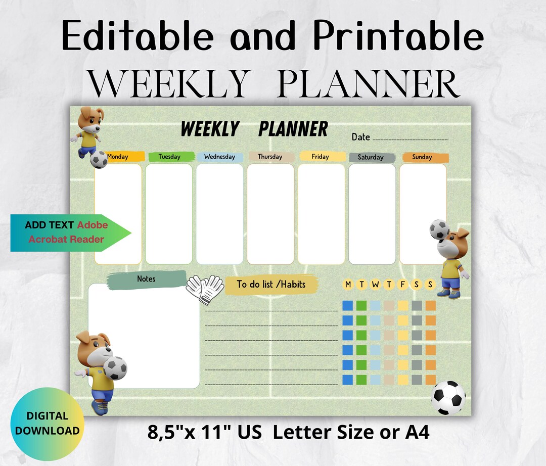 Editable Weekly Planner-printable Football School Planner-sports ...