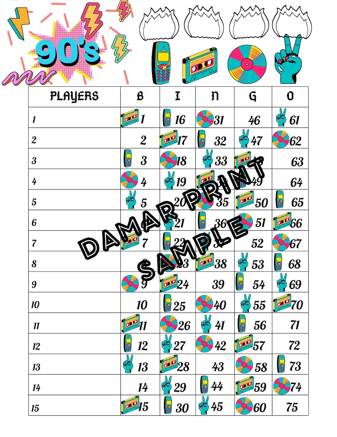 90 S Style Party Bingo Boards Printable-bingo Boards 1-15 Lines ...
