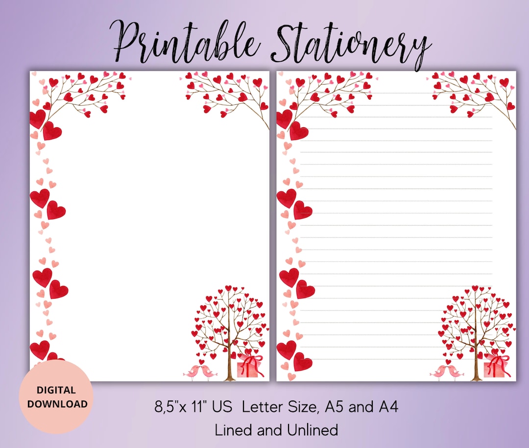 Heart Printable Stationery-love Note Digital Download-valentine's Day ...