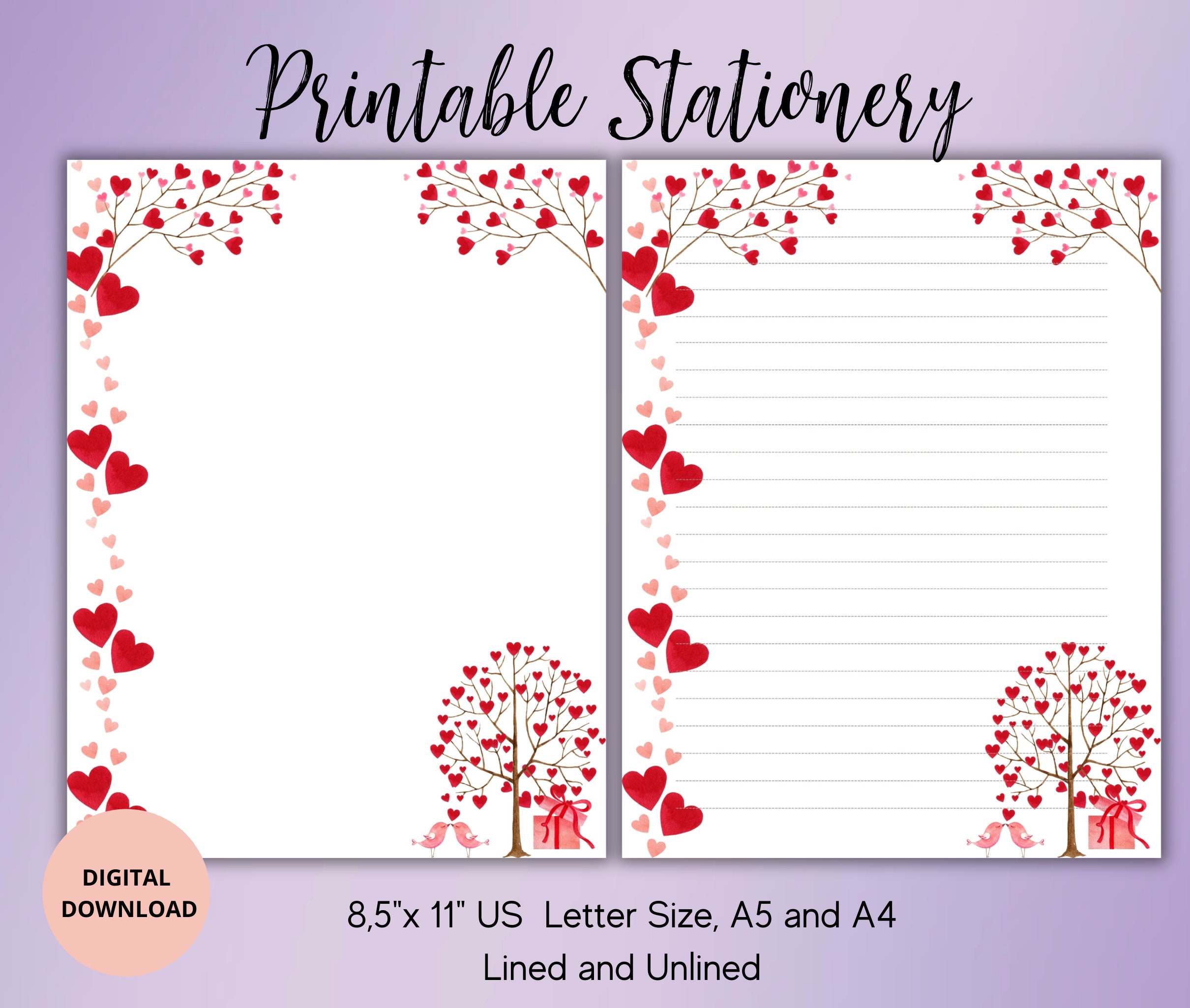 Heart Printable Stationery-love Note Digital Download-valentine's Day ...
